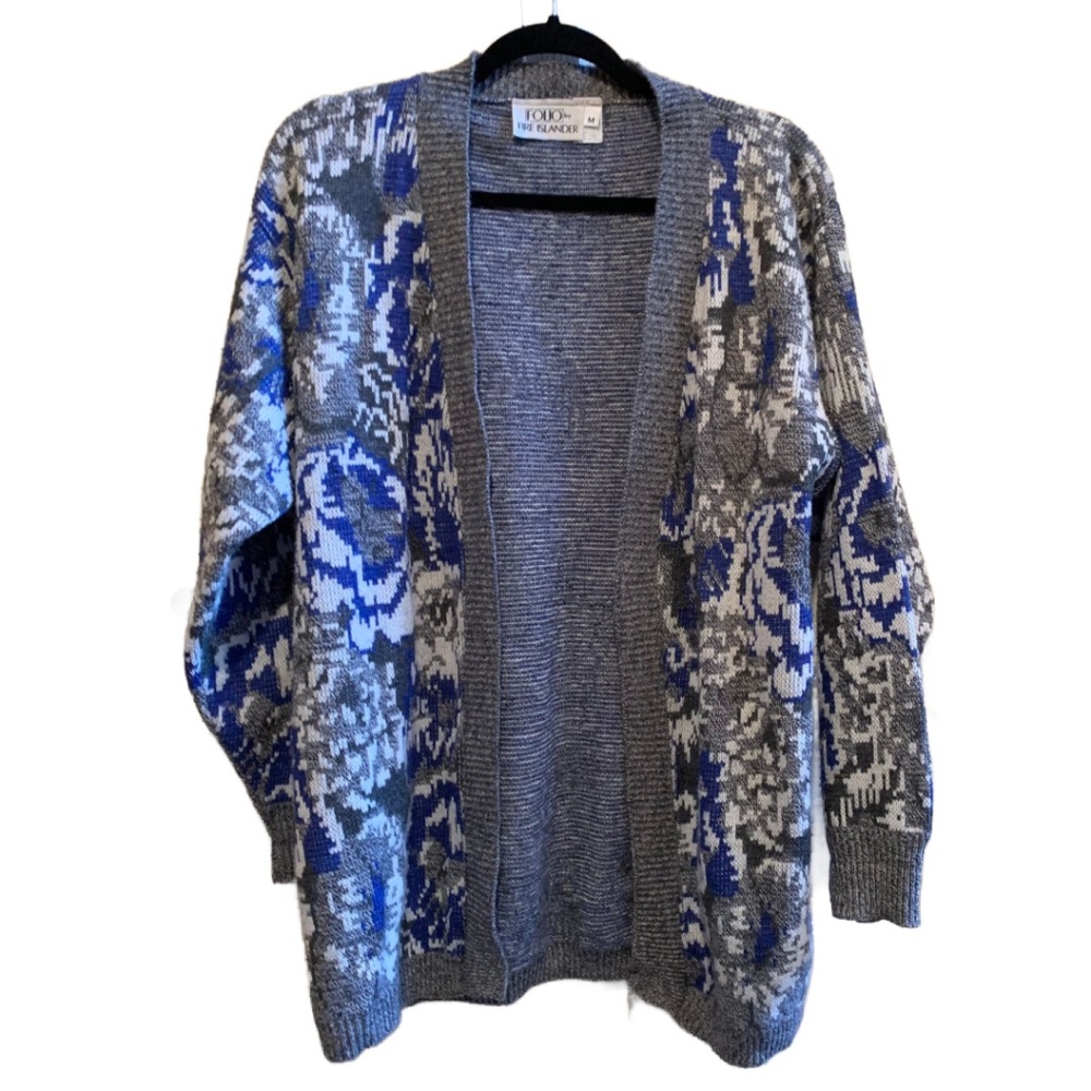1980s Blue And Grey Art Design Cardigan Sweater - Gem